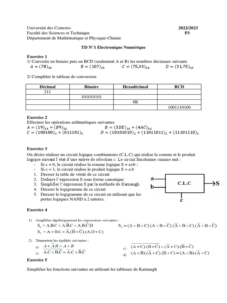 TD1 en 2022 | PDF | Décimal codé binaire | Fonction logique