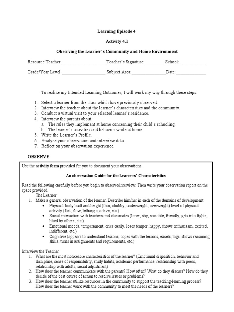 KZEL MANALAYSAY - FS-1 - Learning Episode - 4 - Activity - 4.1-To - 3.3 - Observing - The ...