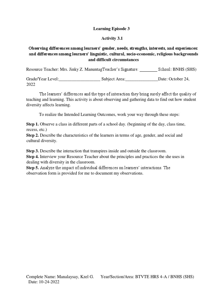 KZEL MANALAYSAY - FS-1 - Learning-Episode-3-Activity-3.1-to-3.3-Observing-Learner ...