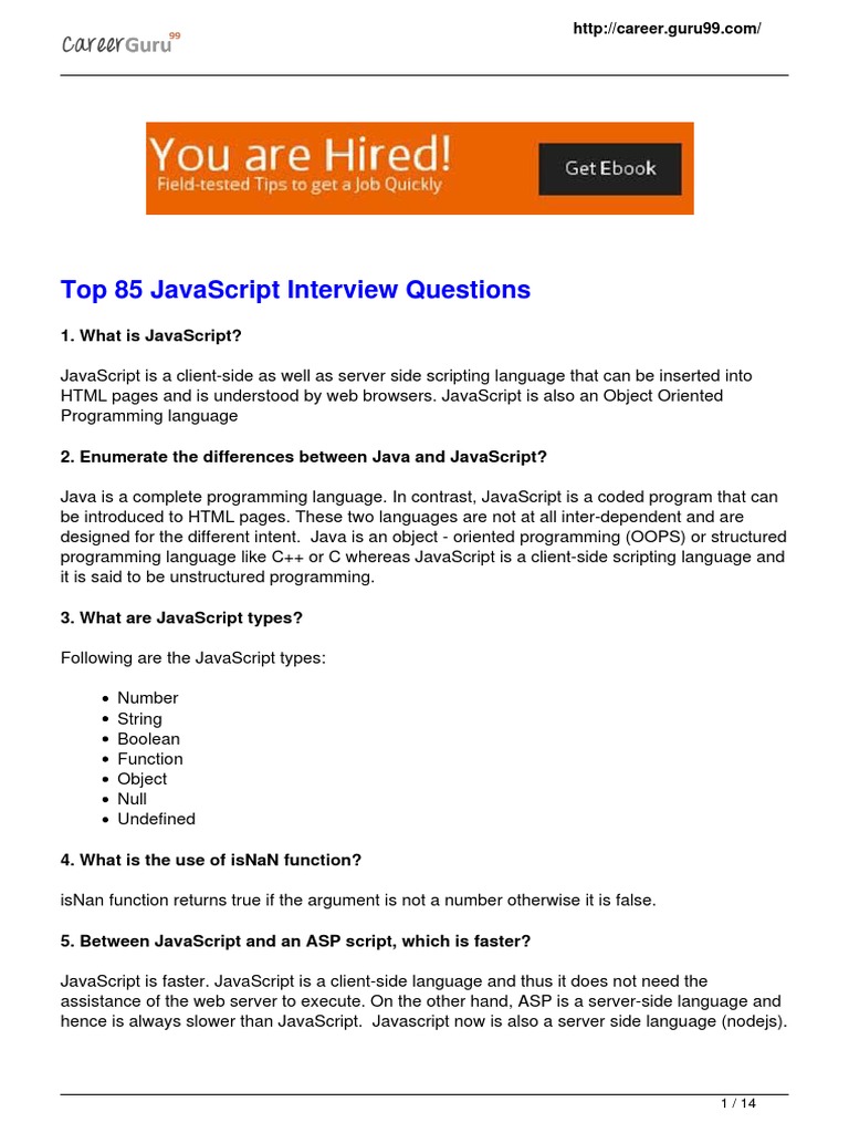 Top 85 Javascript Interview Questions | PDF | Java Script | Dynamic Web ... Top 85 Javascript Interview Questions | PDF | Java Script | Dynamic Web ...