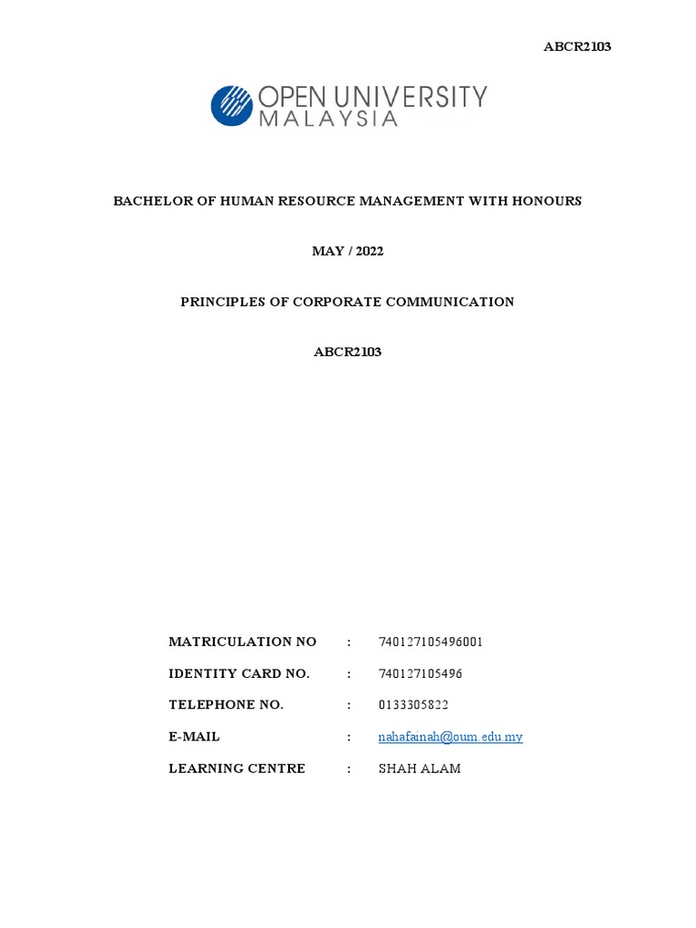 Assignment - OUM - ABCR2103 - Sem052022 - Principal of CorpComm - Nahariah | PDF | Samsung ...