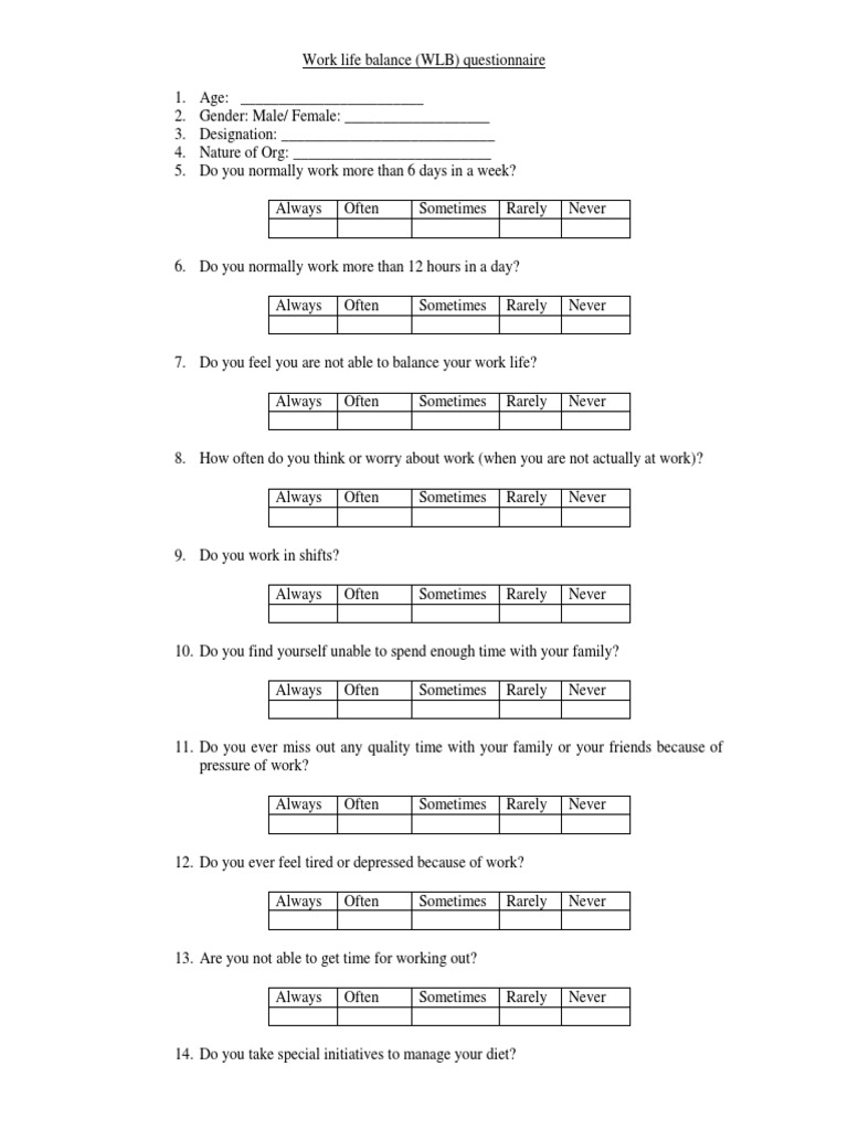 Work-Life Balance Questionnaire Template | PDF | Parental Leave ...