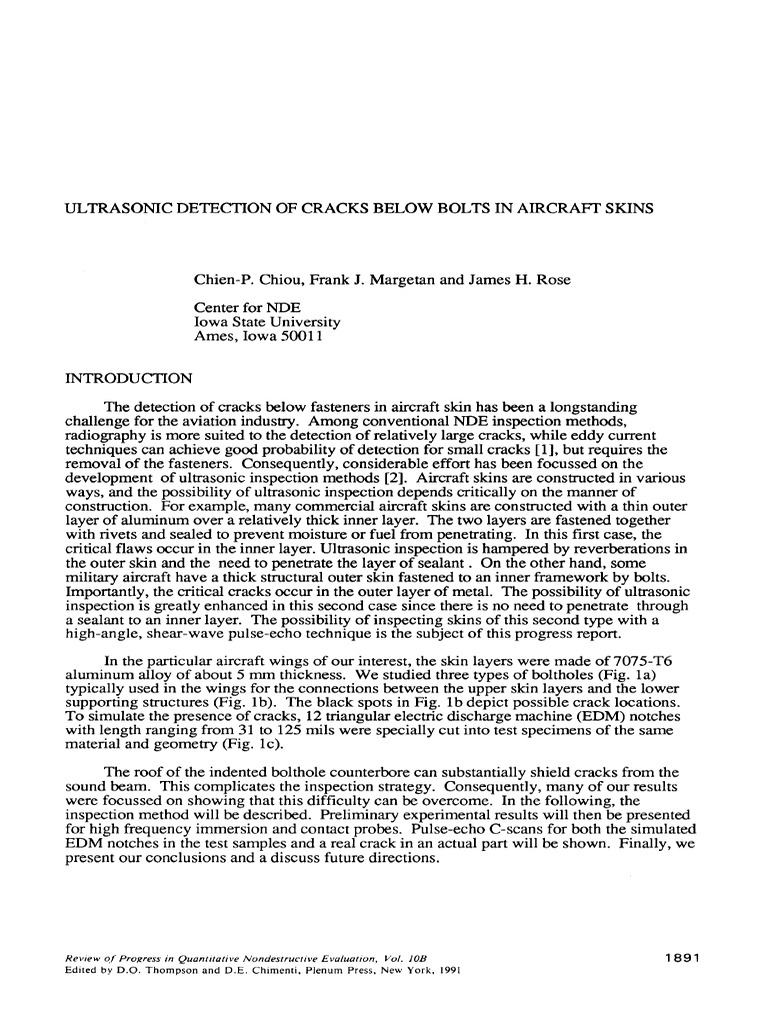 Ultrasonic Detection Of Cracks Below Bolts In Aircraft Skins Pdf Reflection Physics