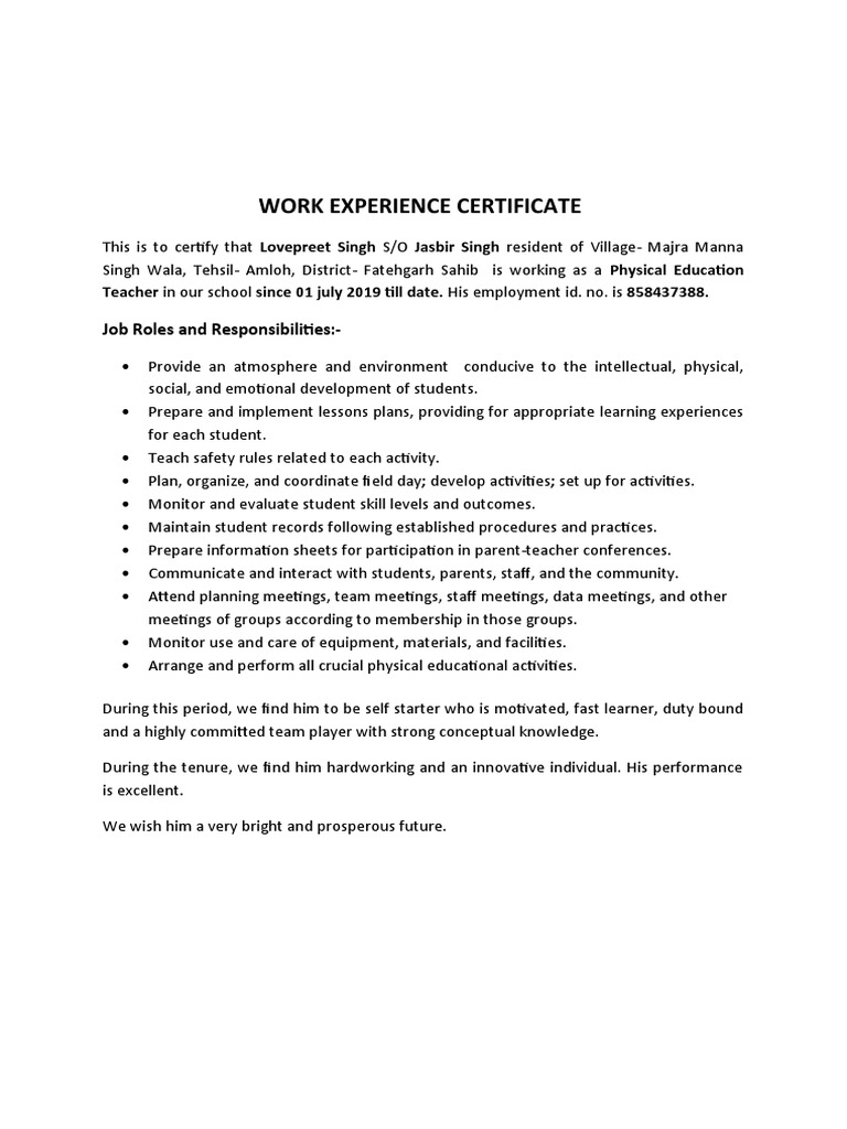 Work Experience Certificate for PE Teacher | PDF