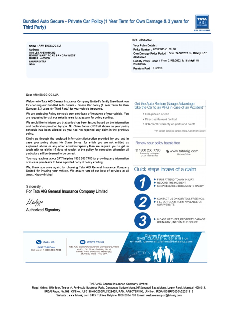 Tata AIG Car Insurance Policy Details | PDF | Insurance | Deductible