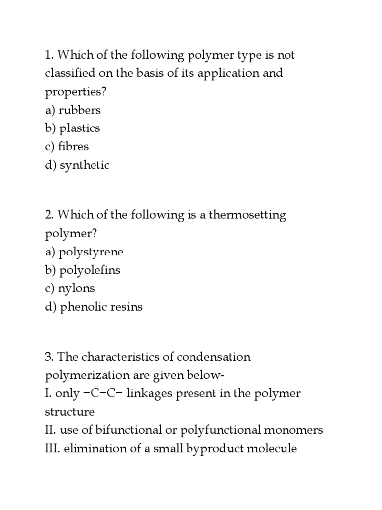 Polymer Engineering - MCQs | PDF | Polymerization | Polymers