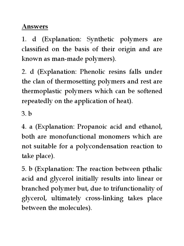 Answers - Polymer Engineering MCQS | PDF | Polymers | Polymerization