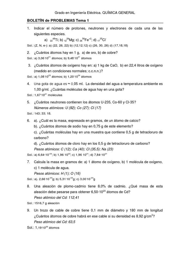 Problemas Tema 1. Química General | PDF | Átomos | Cloro