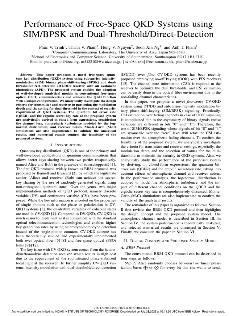 Performance of Free-Space QKD Systems Using SIM BPSK and Dual-Threshold Direct-Detection | PDF ...