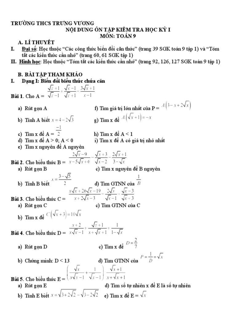 Toán 9-DC-HK1-THCS Trưng Vương-2020-2021 | PDF