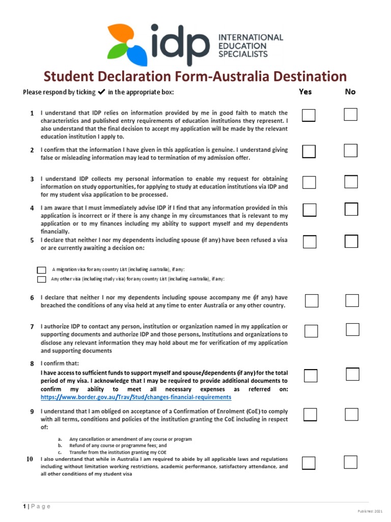Australia - Student Declaration Form | PDF | Travel Visa | Government