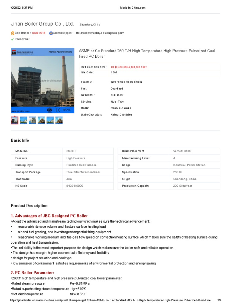 ASME or Ce Standard 260 T/H High Temperature High Pressure Pulverized ...