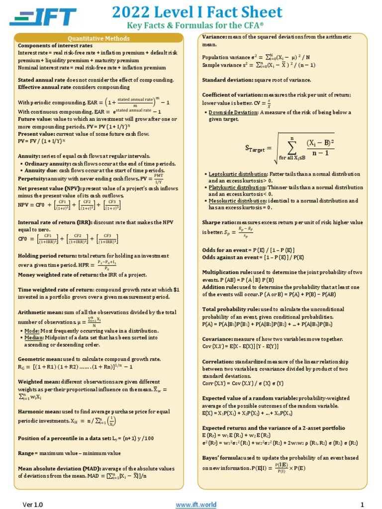 2022 Level I Key Facts and Formulas Sheet | PDF | Errors And Residuals | Regression Analysis