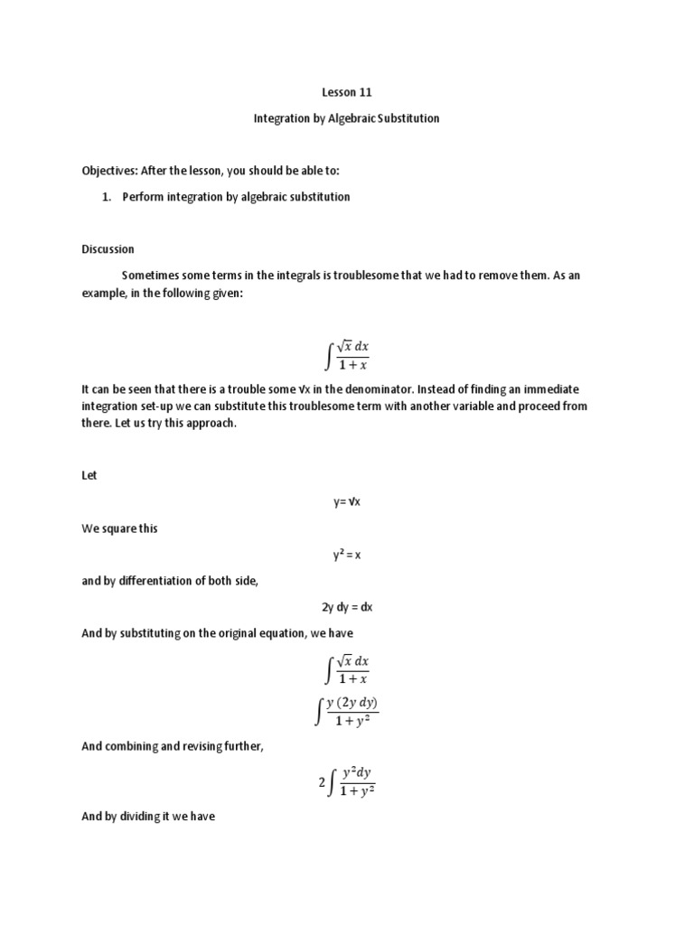 Lesson 11 Algebraic Substitution | PDF | Integral | Equations