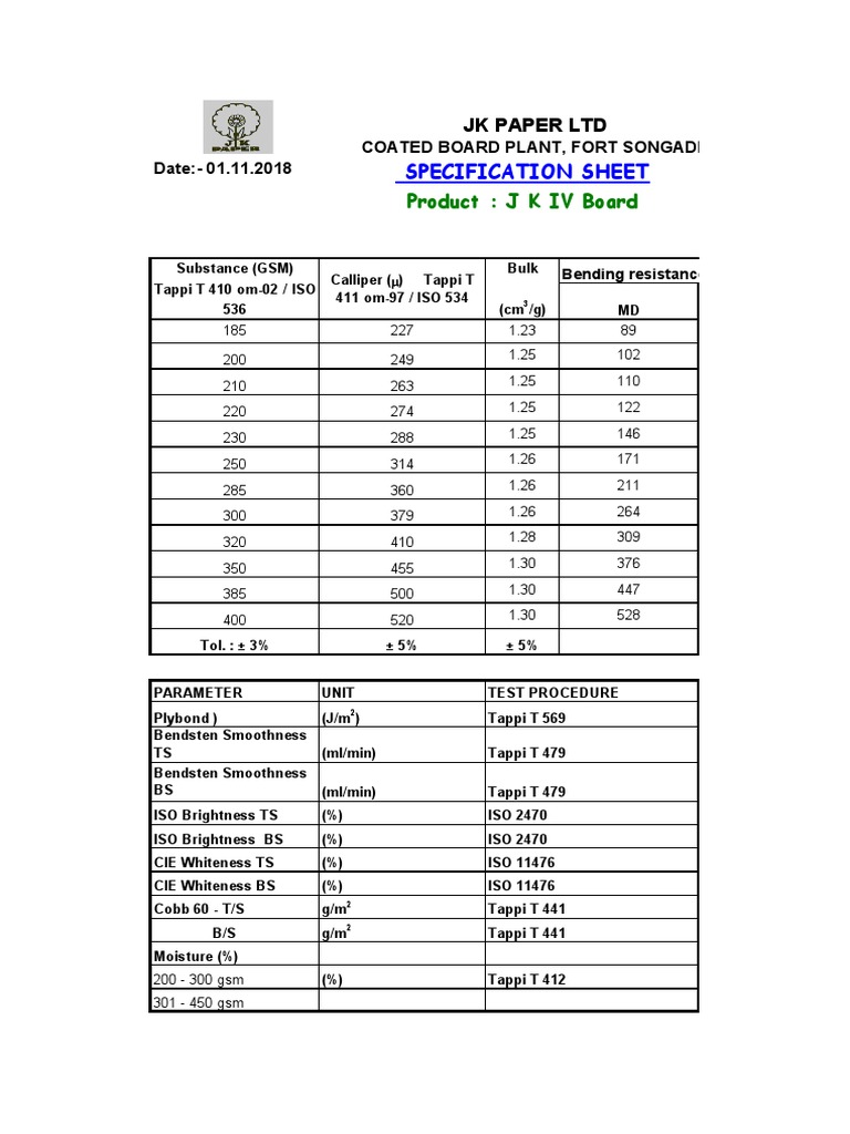 JK Ivory Board Specification Sheet | PDF | Materials | Chemistry