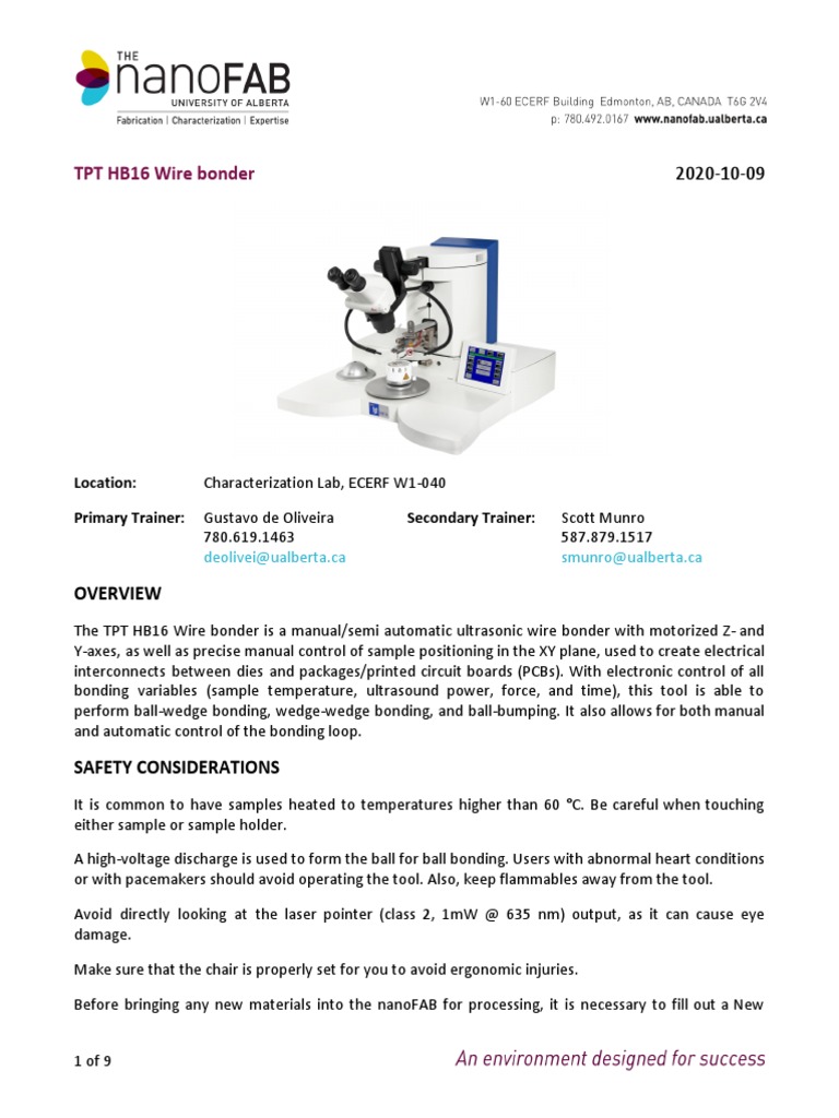 TPT HB16 Wire Bonder User Guide | PDF | Equipment | Manufactured Goods