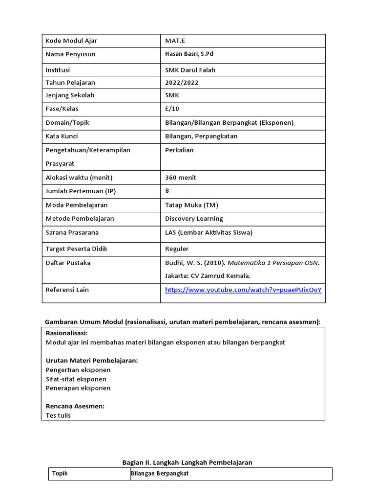 Contoh Modul Ajar Matematika | PDF
