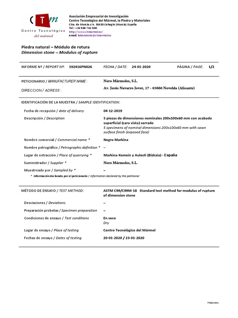 Informe de Módulo de Rotura de Mármol | PDF