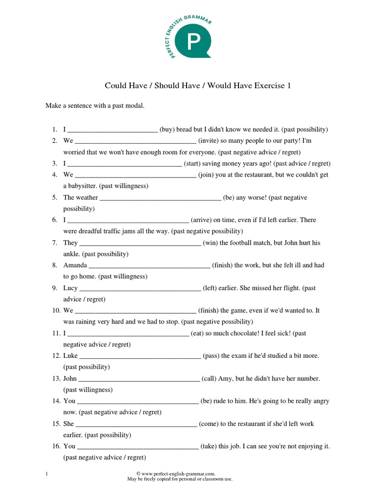 Could Have Should Have Would Have Exercise 1 | PDF