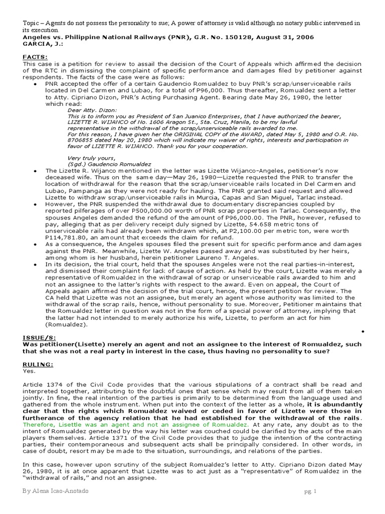 Angeles vs. Philippine National Railways (PNR), G.R. No. 150128 - Case ...