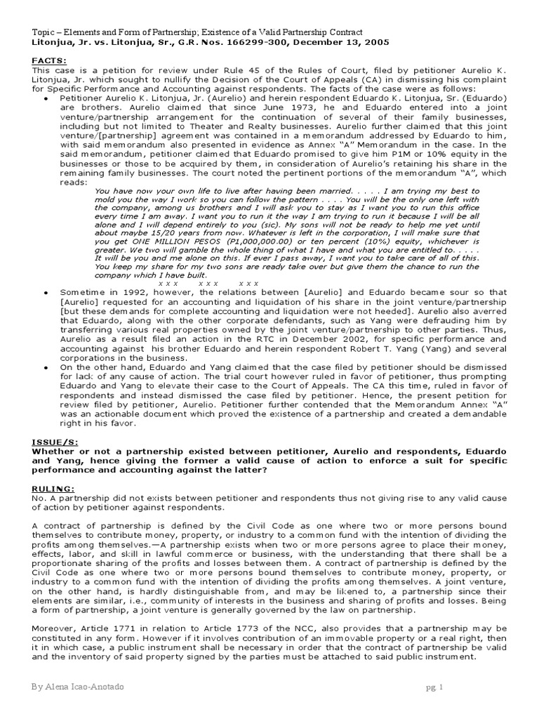 Litonjua, Jr. vs. Litonjua, SR., G.R. Nos. 166299-300 - Case Digest (Form Existence of Valid ...