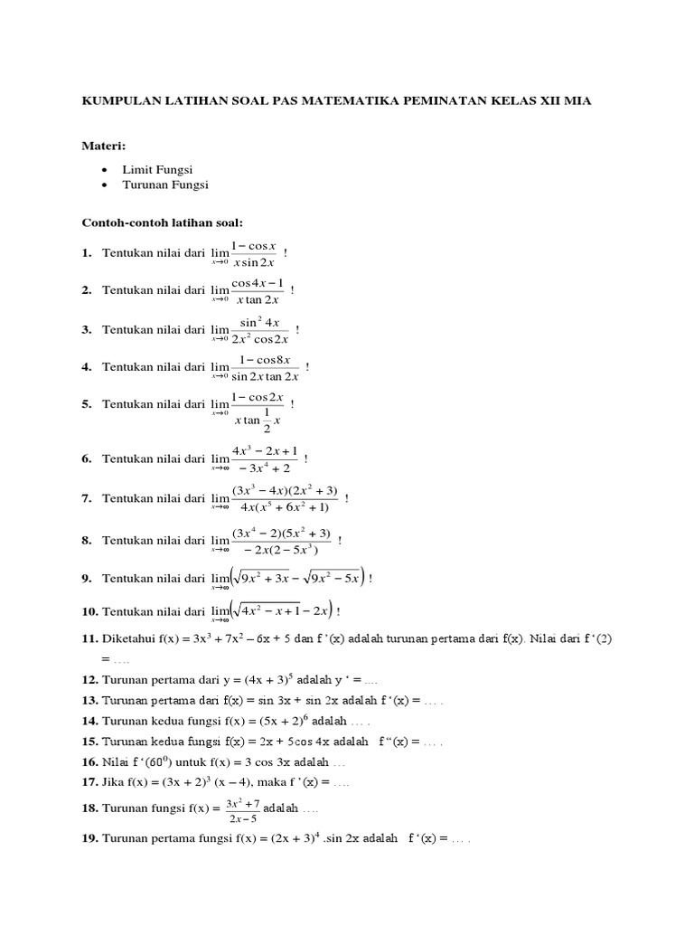 LATIHAN SOAL LIMIT DAN TURUNAN FUNGSI MATEMATIKA | PDF