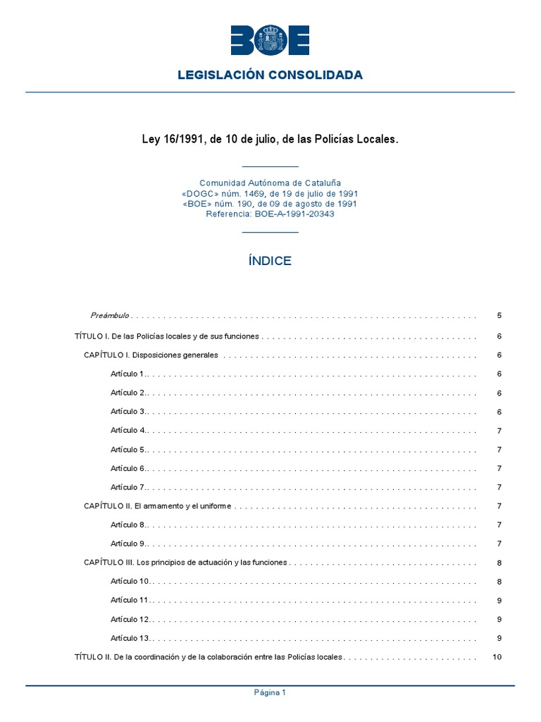 Ley 16/1991, de 10 de Julio, de Las Policías Locales.: Legislación ...