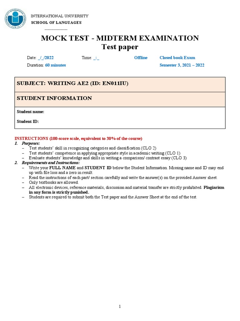 AE2 Writing Midterm Sample Test (Since 2223) - Test Paper-2 | Download ...