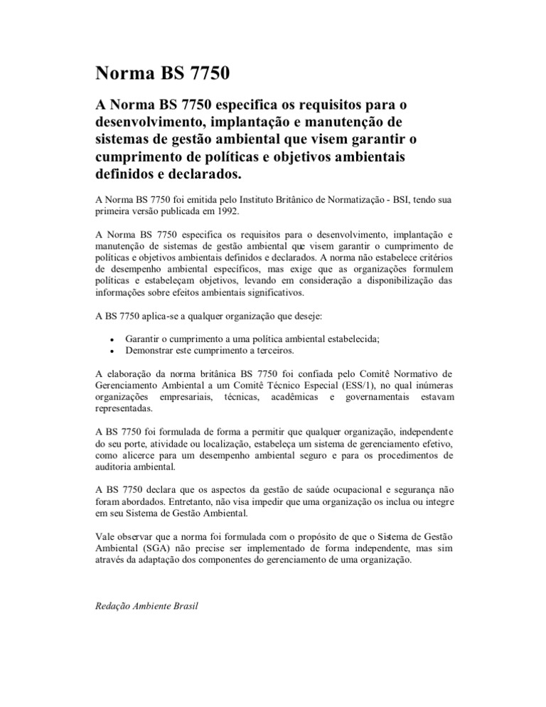 Norma Bs 7750 - Norma Ambiental | PDF | Negócios | Finanças e ...