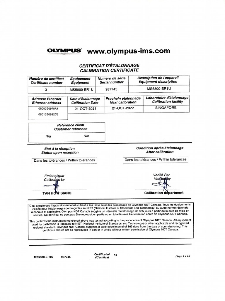 Ms5800 Calibration Certificate | PDF