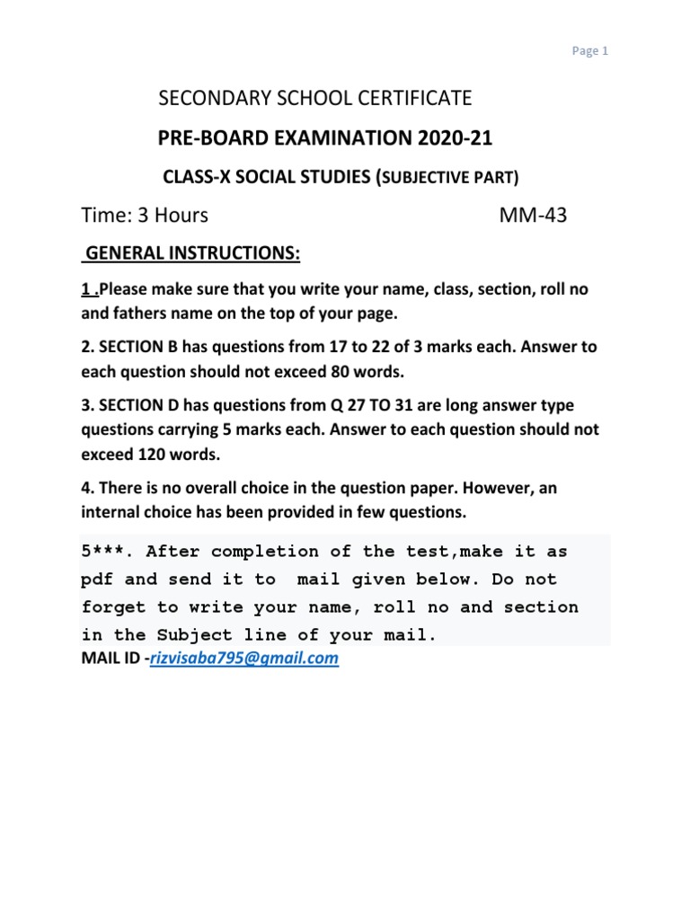Pre Board Class 10TH Subjective Section | PDF | Government