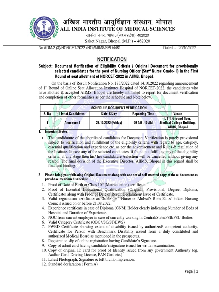 Notification For Document Verifiacation For The Post of Nursing Officer NORCET-2022 | PDF ...
