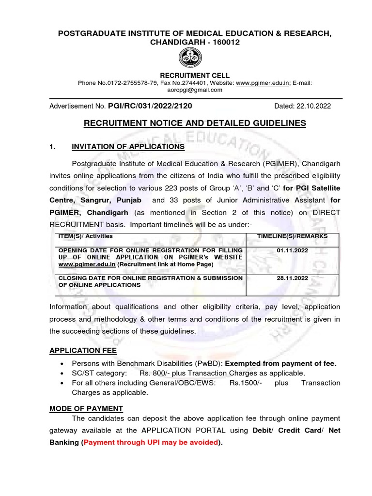 PGIMER Chandigarh Recruitment Oct 2022 Notification PDF | PDF | Nursing ...