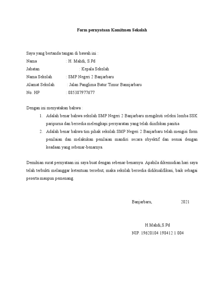 Form Pernyataan Komitmen Sekolah SSK | PDF