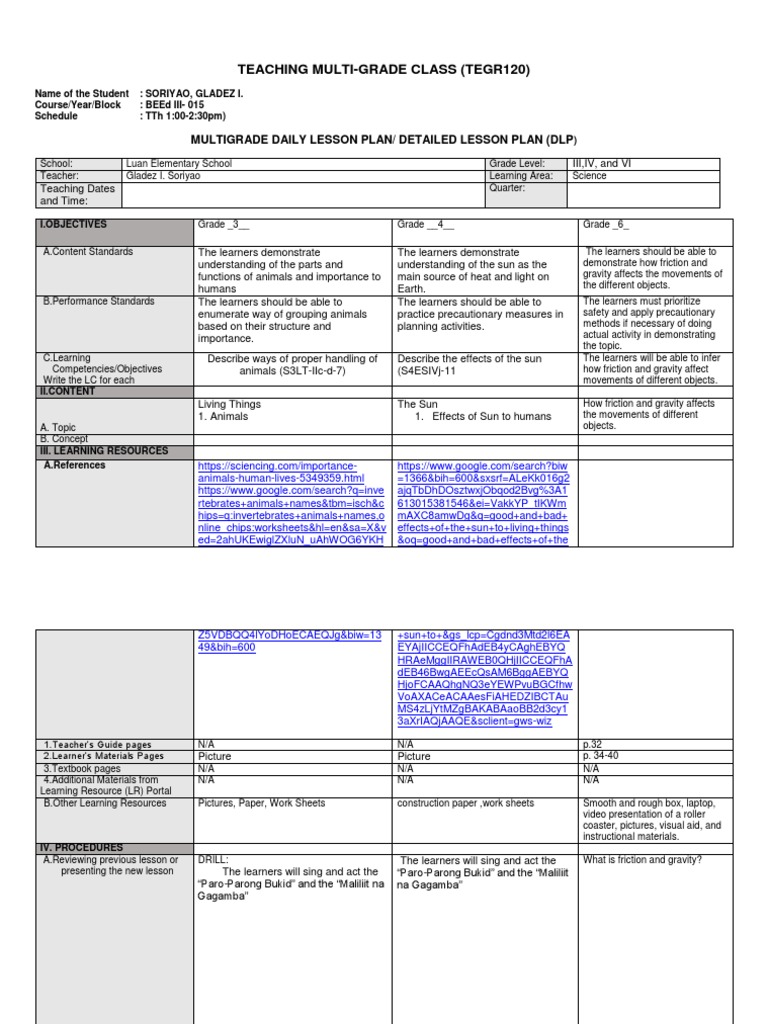 Teaching Multiple Grades Science on Animals, Sun Effects, and Friction | PDF | Lesson Plan ...