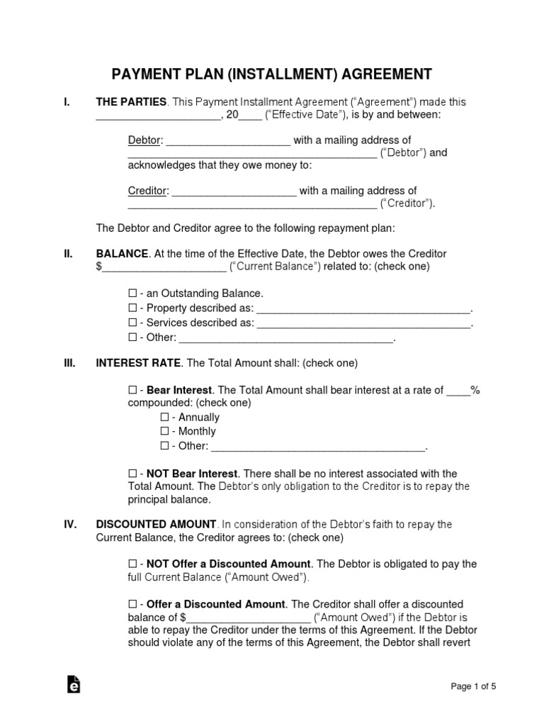 Payment Installment Agreement | PDF | Debtor | Debt