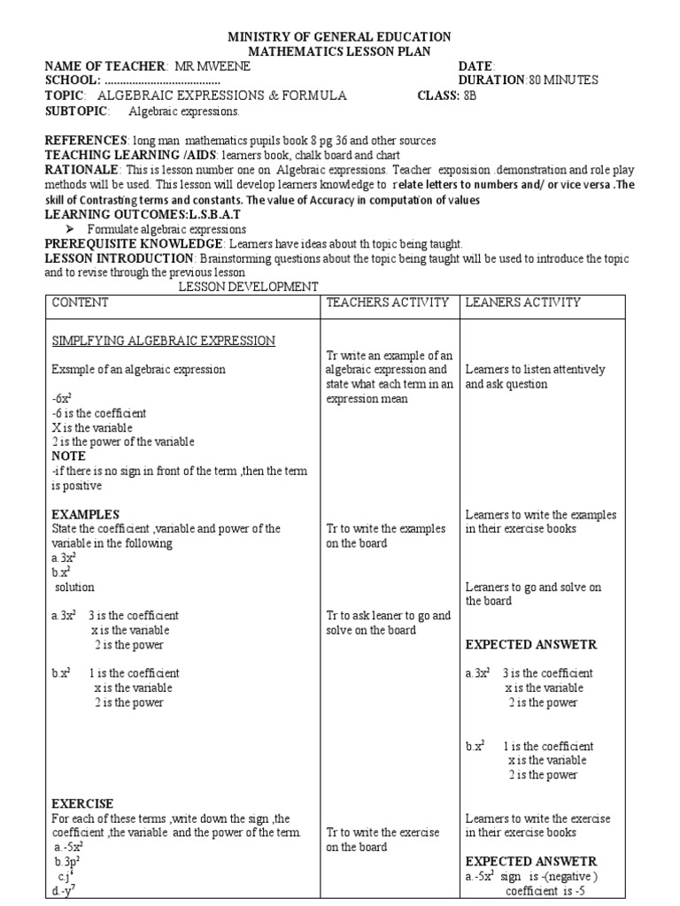 5.algebra G8 Lesson Plan | Download Free PDF | Learning | Variable ...
