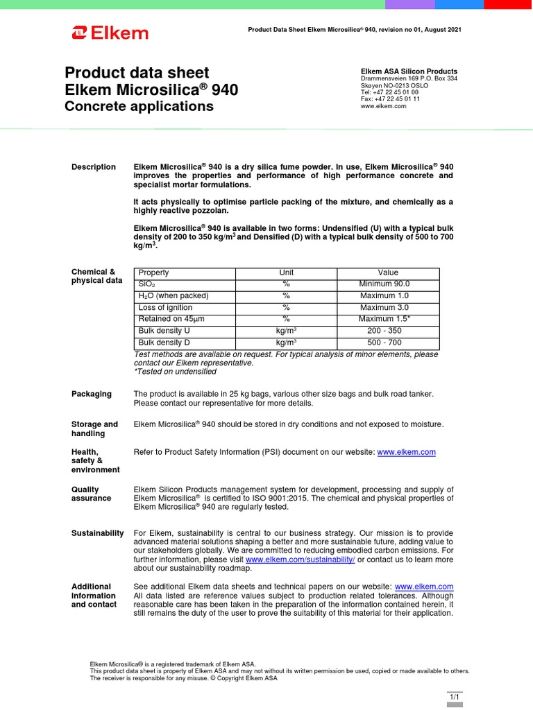 Elkem Microsilica 940 | PDF | Materials | Chemistry