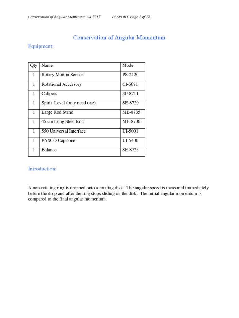 Expt 1 Conservation Of Angular Momentum Pdf Rotation Around A Fixed Axis Angular Momentum