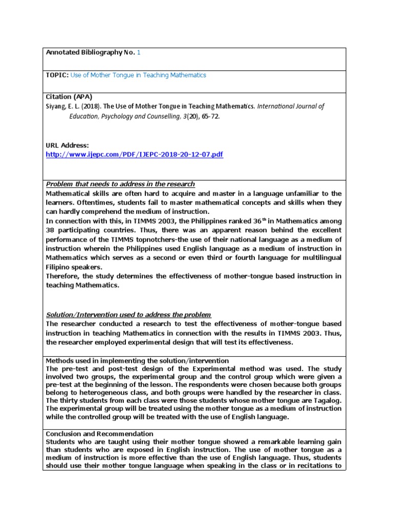 Annotated Bibliography (Template) | PDF | Teachers | First Language