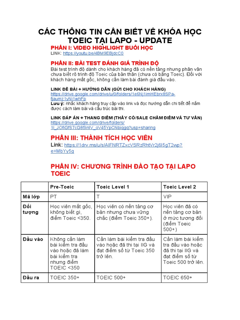 CÁC THÔNG TIN CẦN BIẾT VỀ KHÓA HỌC TOEIC TẠI LAPO | PDF