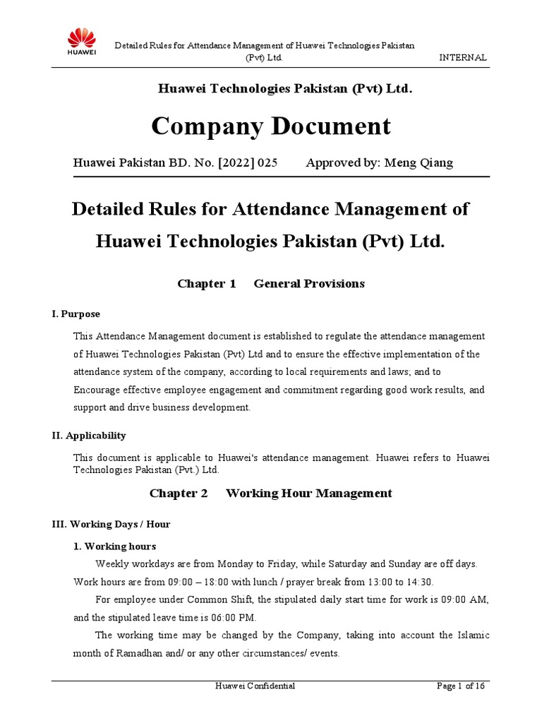 Huawei Pakistan BD. No. (2022) 025 - Detailed Rules For Attendance Management of Huawei Pakistan ...
