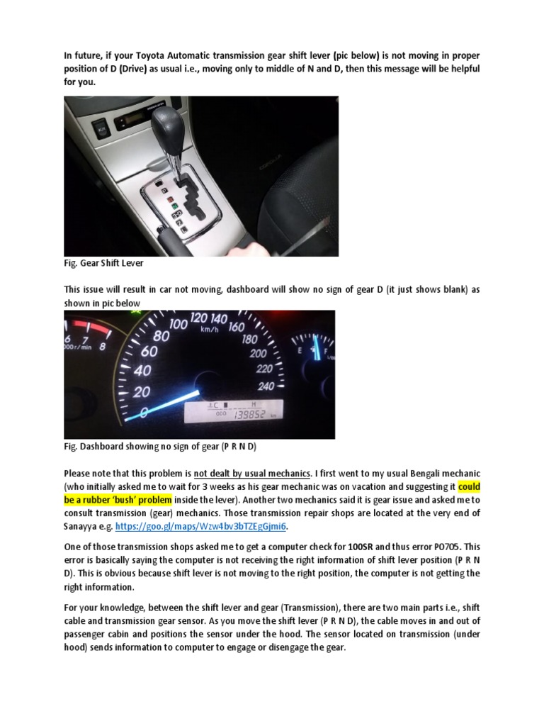 Toyota Camry Gear Shift Lever Issue | PDF | Mechanical Engineering ...