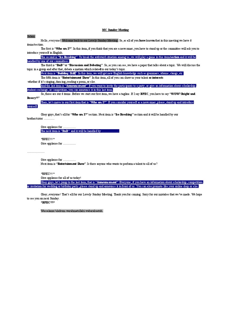 Script For Sunday Meeting | PDF