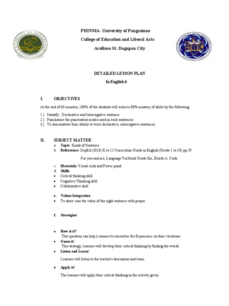 Lesson Plan In Englih 6 Pdf Question Lesson Plan