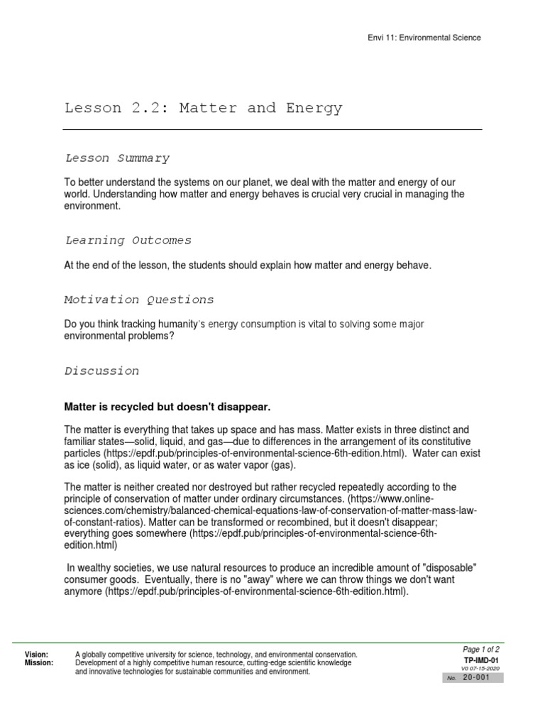 Lesson 2.2 - Matter and Energy | PDF | Matter | Science