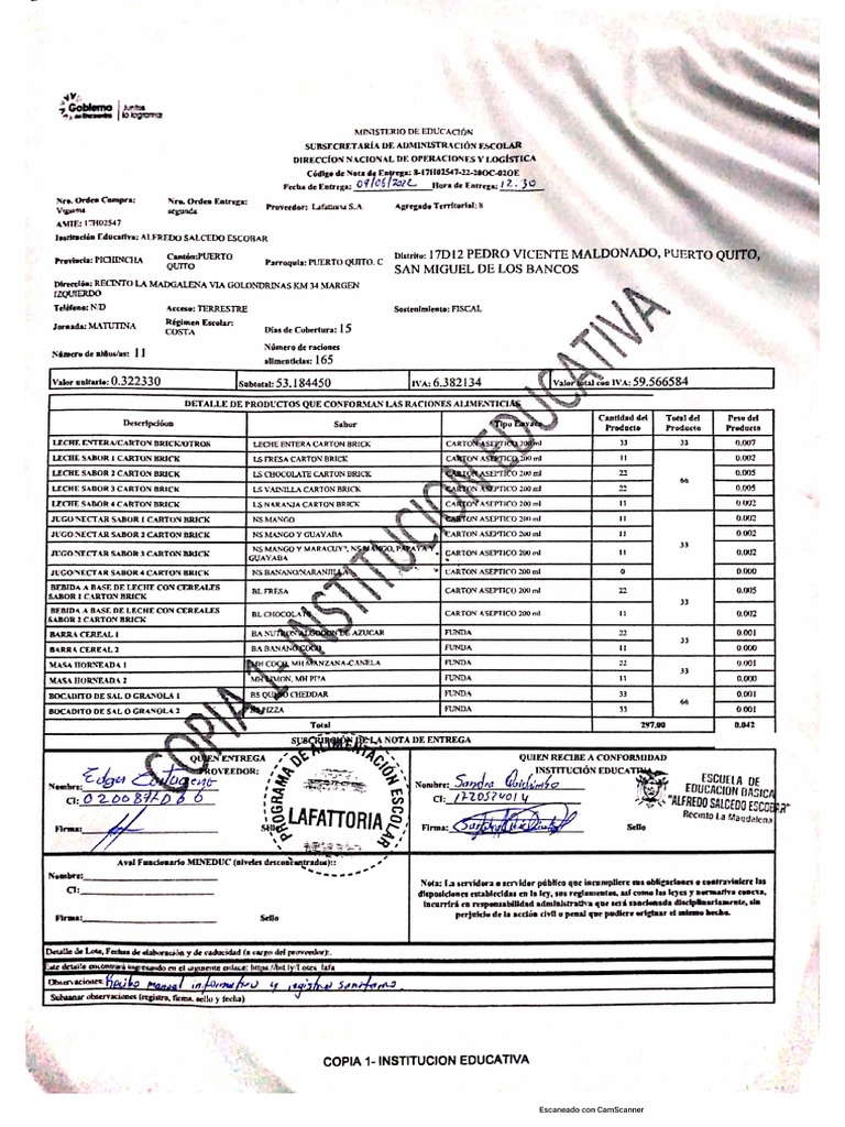 Acta Alimentación Escolar 2da Orden de Entrega | PDF