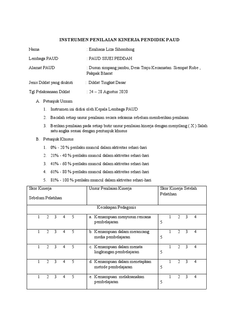 Instrumen Penilaian Kinerja Pendidik Paud | PDF
