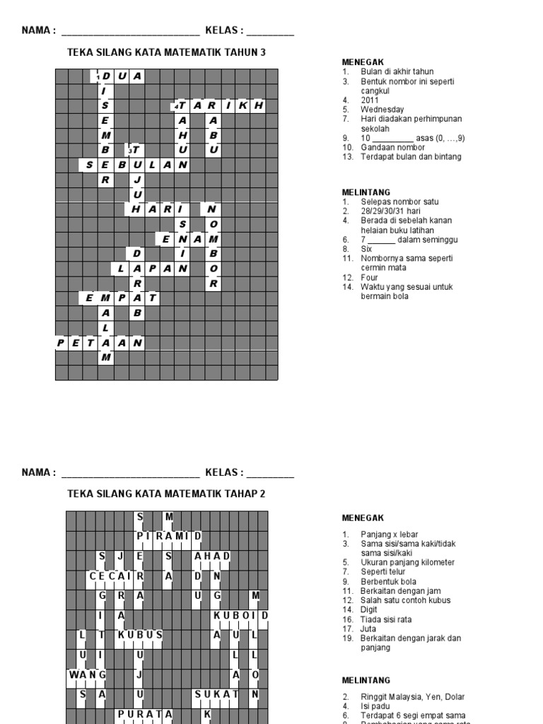 Teka Silang Kata Matematik Tahap 1 2 Jawapan2 | PDF