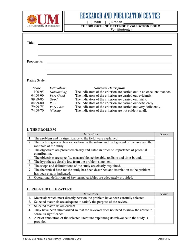 Group Z3141 - Thesis Outline Defense Evaluation Form For Panel 2 - 2 ...
